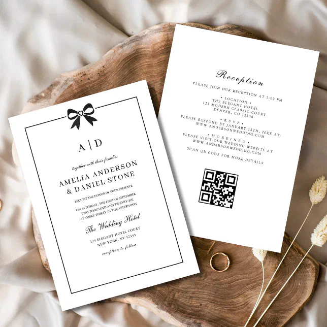 Formal QR Code Black & White Bow Monogram Invitation | Zazzle