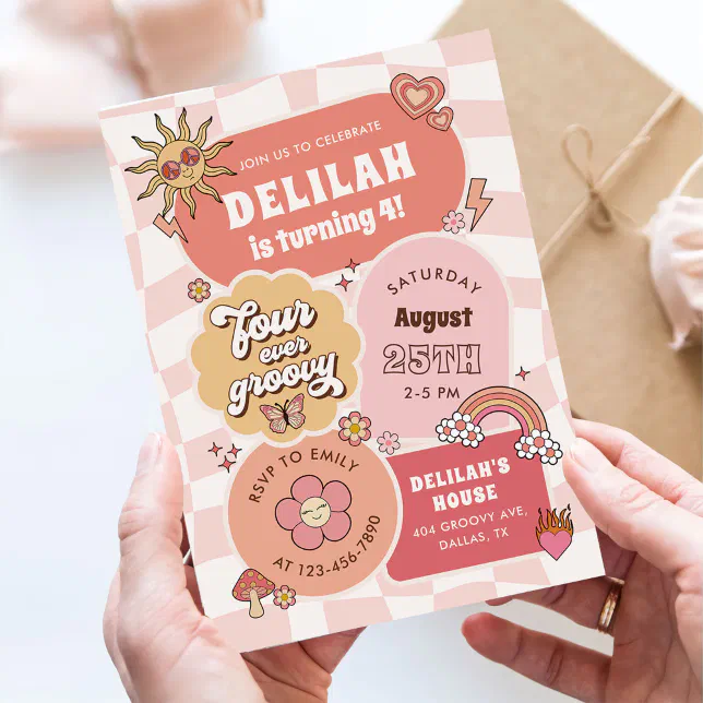 Four Ever Groovy Daisy 4th Birthday Party Invitation | Zazzle