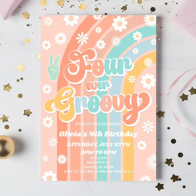 Four Ever Groovy Rainbow Daisy 4th Birthday Party Invitation | Zazzle