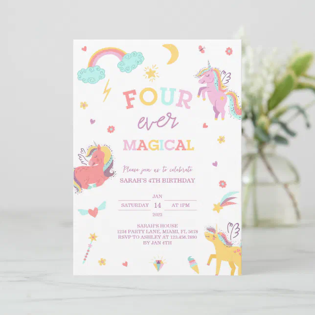 Four Ever Magical Unicorn 4th Birthday Invitation | Zazzle
