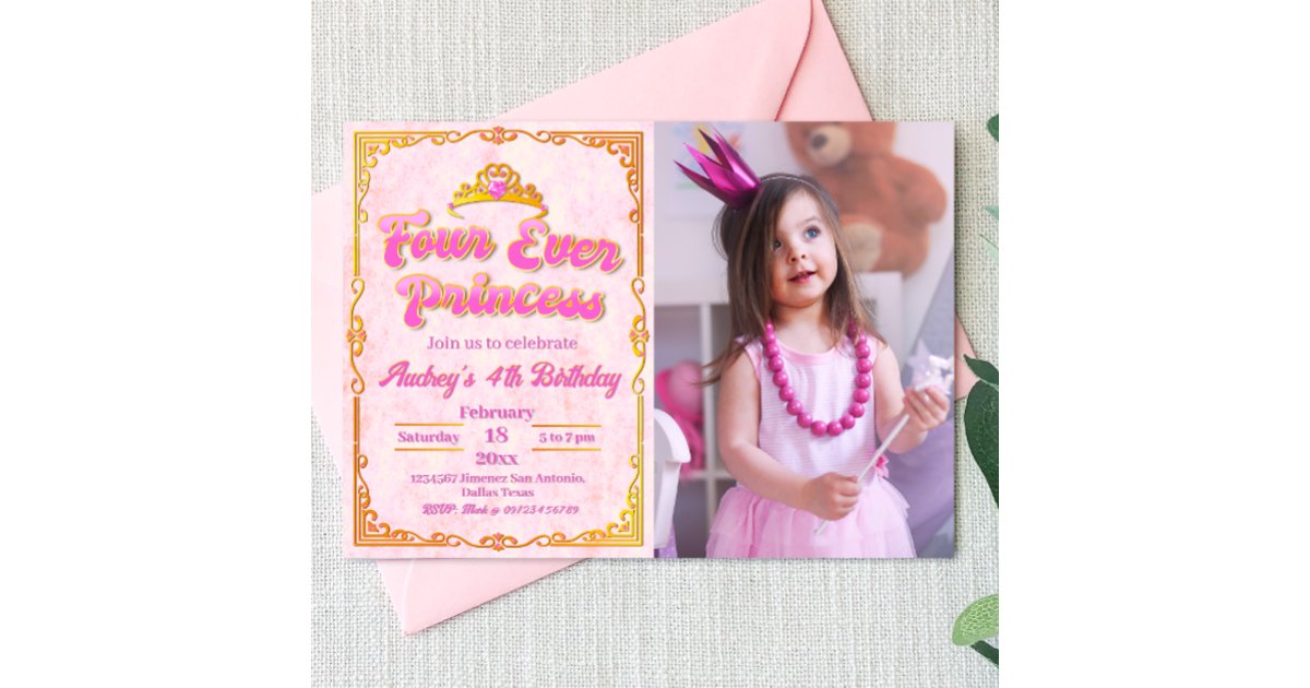 Four Ever Princess - Girl 4th Birthday Invitation | Zazzle