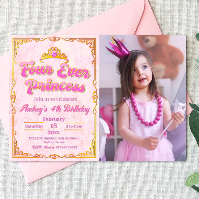 Four Ever Princess - Girl 4th Birthday Invitation | Zazzle
