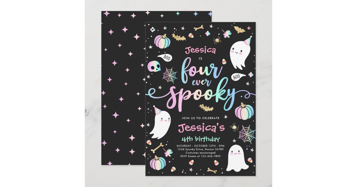 Four Ever Spooky Cute Halloween Ghost 4th Birthday Invitation | Zazzle