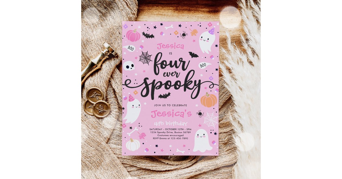 Four Ever Spooky Cute Halloween Ghost 4th Birthday Invitation | Zazzle