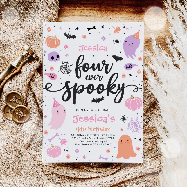 Four Ever Spooky Cute Halloween Ghost 4th Birthday Invitation | Zazzle