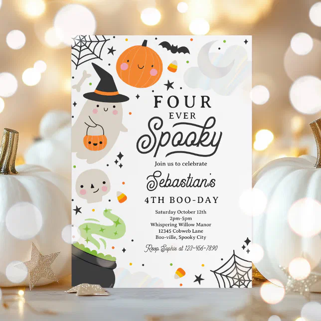Four Ever Spooky Halloween Ghost 4th Birthday Invitation | Zazzle