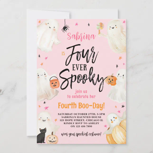 Four Ever Spooky Halloween Girl 4th Birthday Party Invitation | Zazzle