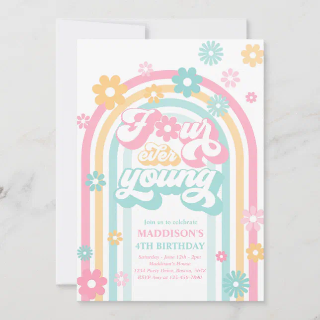 Four Ever Young Boho Daisy Rainbow 4th Birthday Invitation | Zazzle