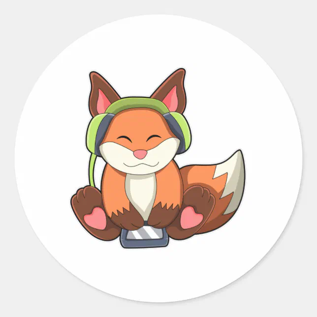 Fox at Music with Headphone Classic Round Sticker | Zazzle