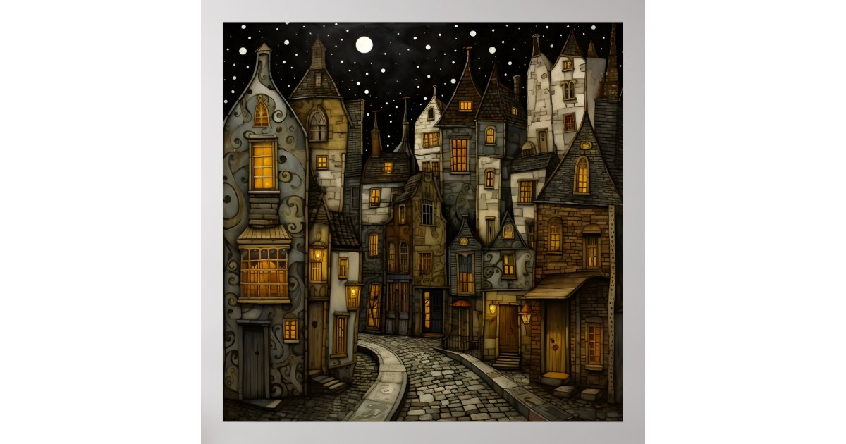 French Cobblestone Street and Historic Townscape Poster | Zazzle