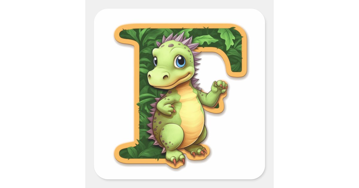 Friendly Dinosaur and the Letter F Square Sticker | Zazzle