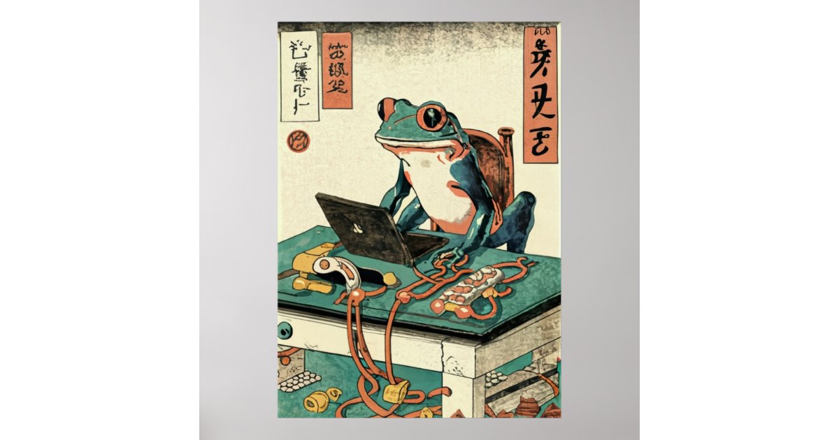 Frog Playing Pc Games, Ukiyo-e Frog Art, Frog Poster | Zazzle