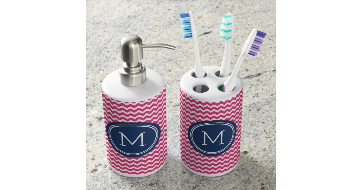 Fuchsia Pink Navy Blue Chevron Pattern Soap Dispenser And Toothbrush ...