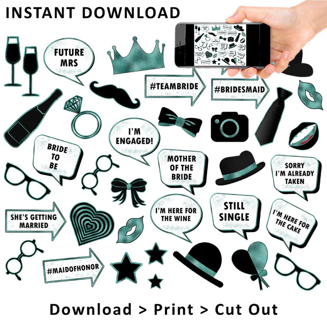 Fun Bridal Shower Photo Booth Teal Printable Props Poster | Zazzle