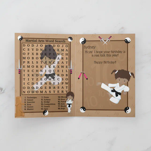 Fun Brown Girls Karate Word Search Happy Birthday Card | Zazzle
