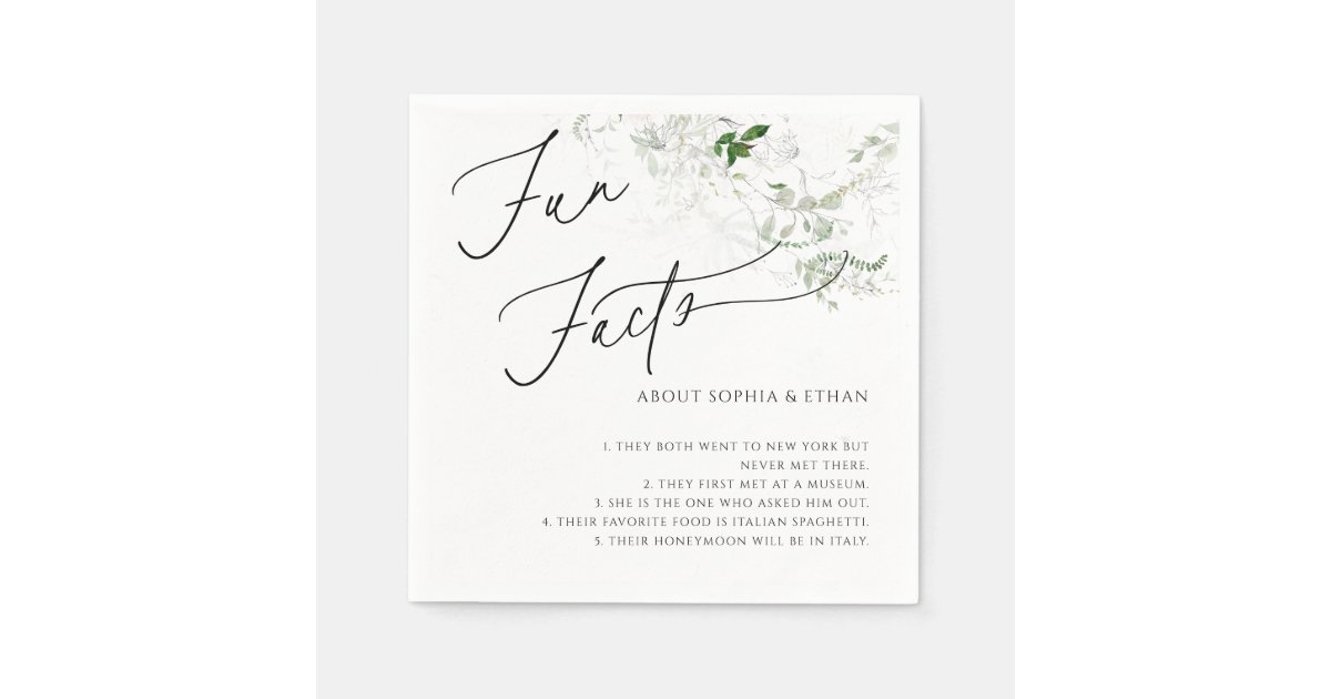 Fun Facts Calligraphy Wedding Greenery Napkin | Zazzle