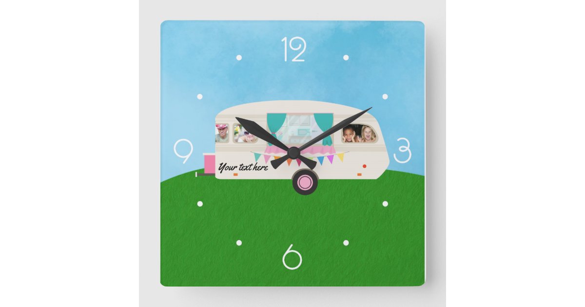 Fun Family Caravan personalised add photos Square Wall Clock | Zazzle