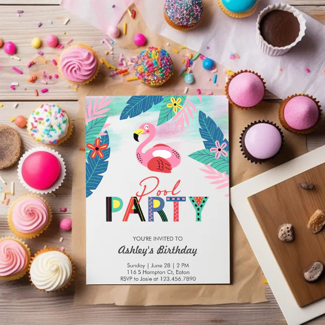 Fun Flamingo Pool Party Birthday Invitation | Zazzle