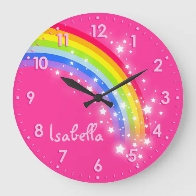 Fun girls kids rainbow name pink clock | Zazzle