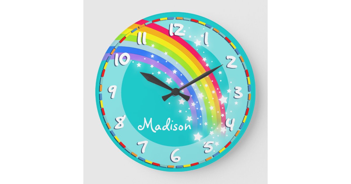 Fun kids rainbow name aqua wall clock | Zazzle