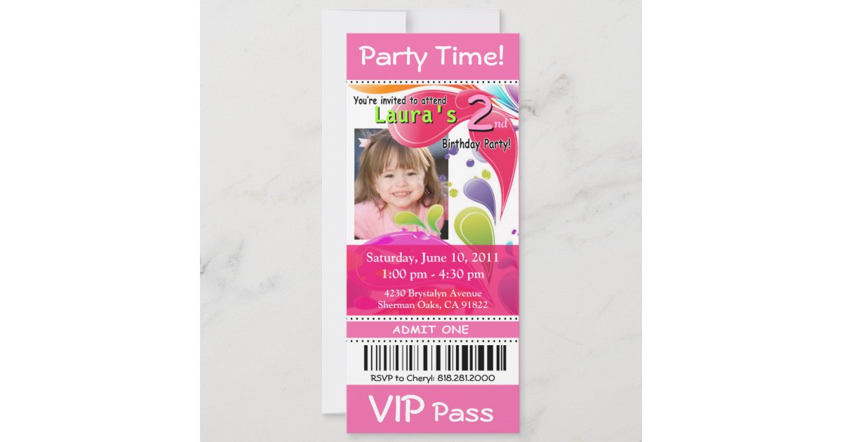 Fun Kids VIP Pass Event Ticket Photo Party (pink) Invitation | Zazzle