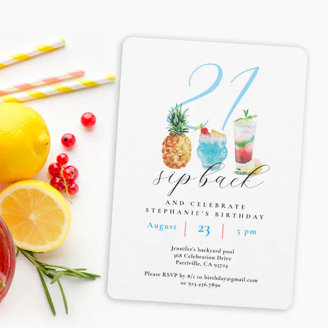 Fun Sip Back Cocktails 21st Birthday Party Invitation | Zazzle