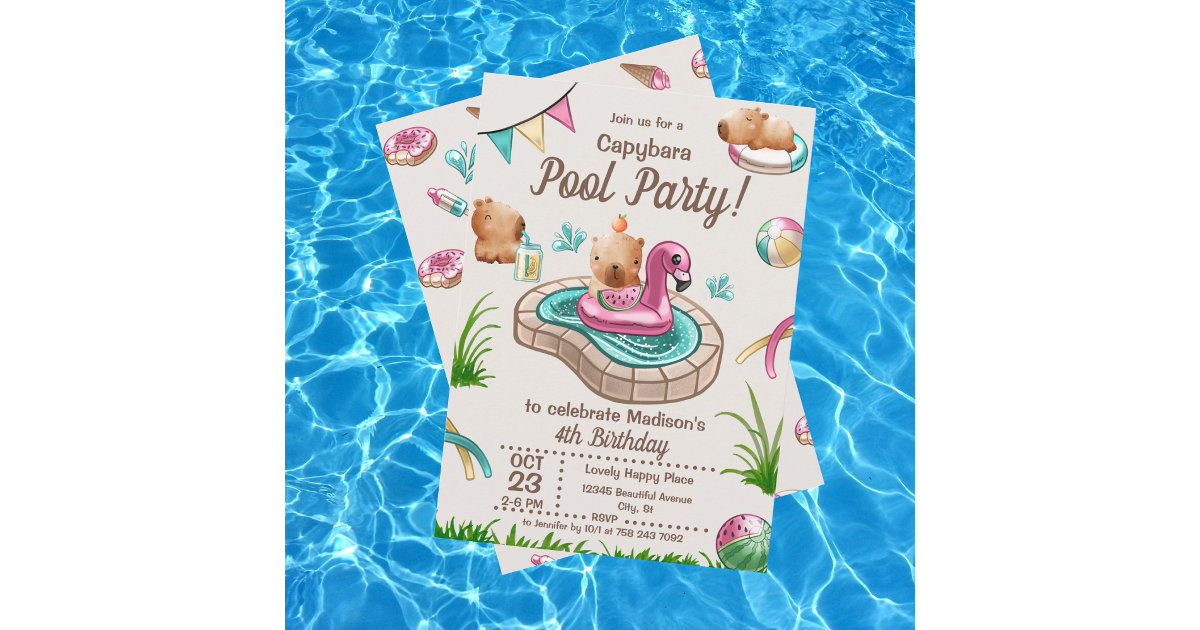Fun Summer Capybara Pool Party Invitation | Zazzle