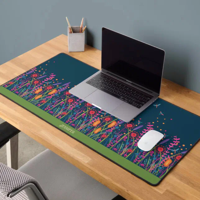 Fun Wildflowers and Dragonflies Boho Custom Name Desk Mat | Zazzle