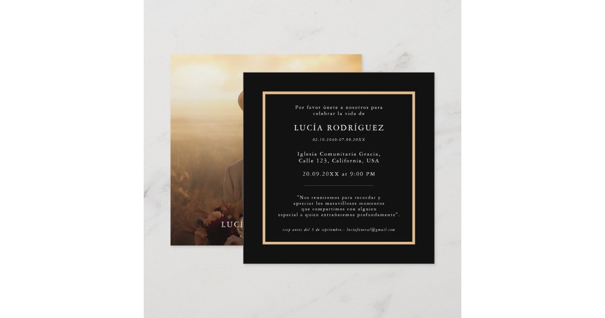 Funeral in Spanish | Espanol Memorial Photo Black Invitation | Zazzle