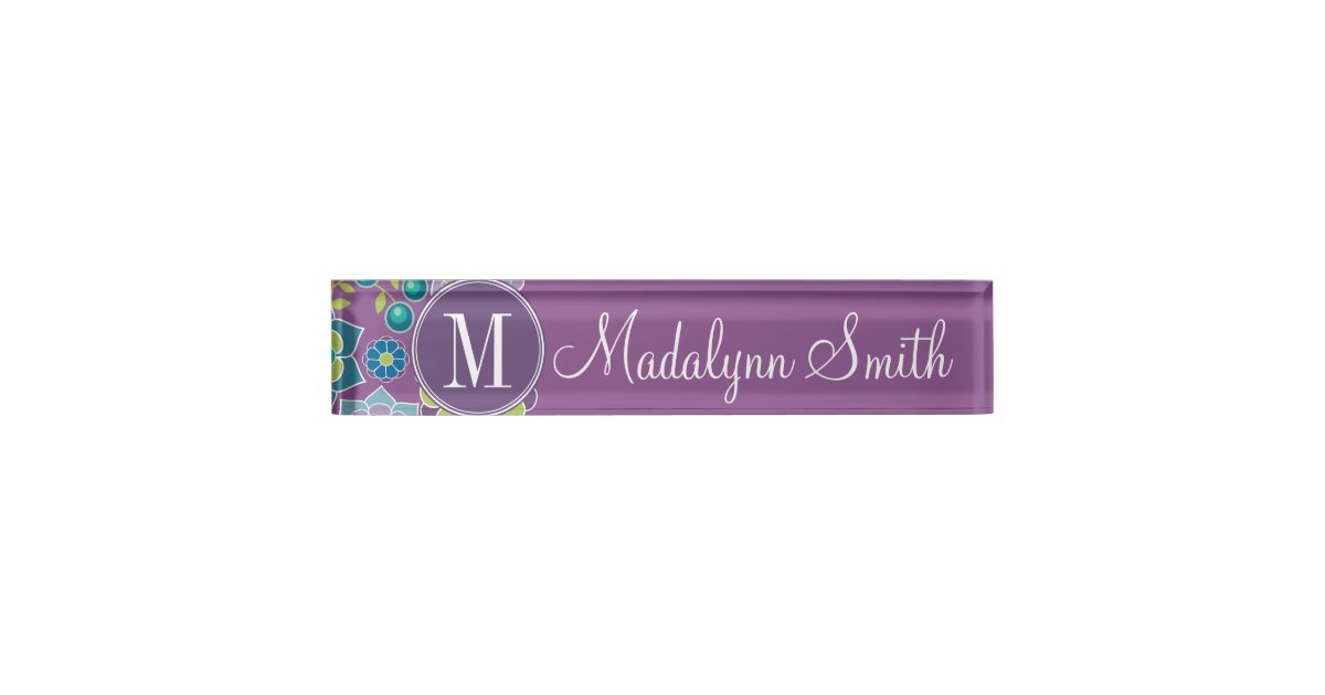 Funky Colourful Floral Pattern Custom Monogram Nameplate | Zazzle