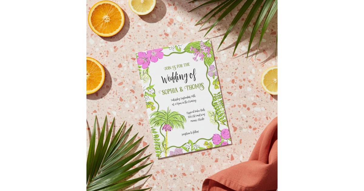 Funky Drawn Tropical Floral Wedding Invitation | Zazzle