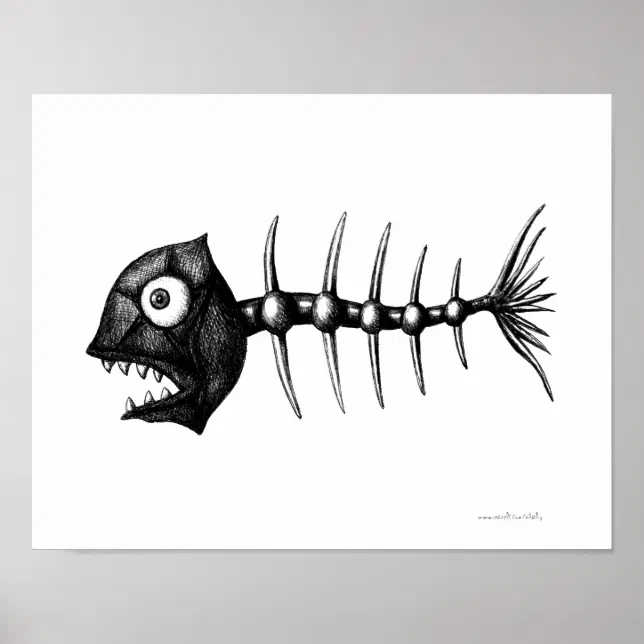 Funny cool fish skeleton ink drawing art poster | Zazzle