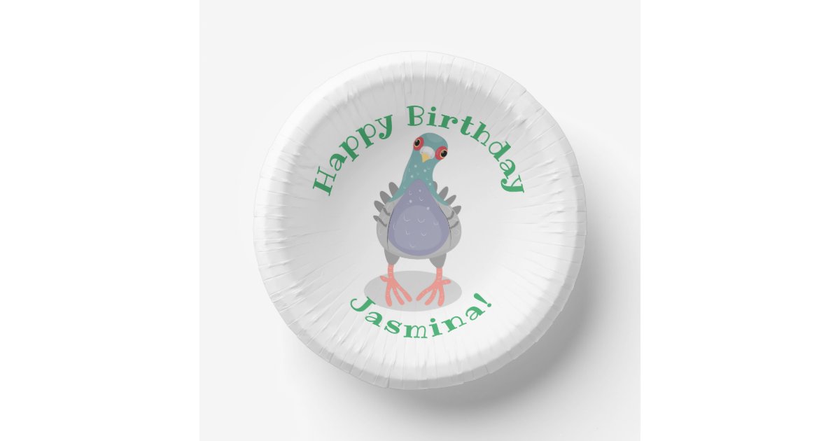 Funny curious pigeon cartoon illustration paper plate | Zazzle