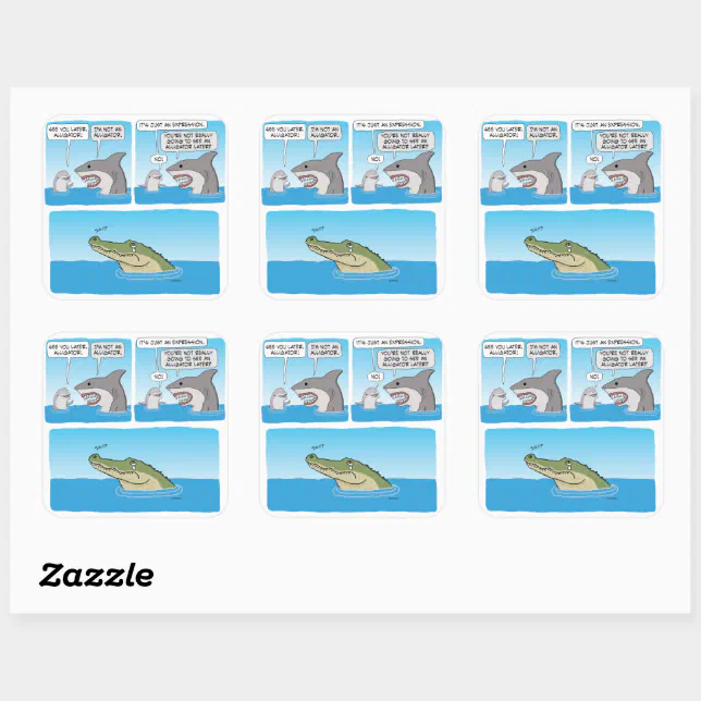 Funny Dolphin, Shark and Sad Alligator Square Sticker | Zazzle