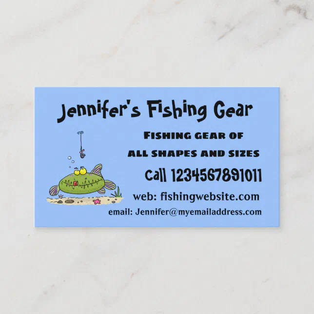 Funny fat hungry green fish fishing cartoon business card | Zazzle