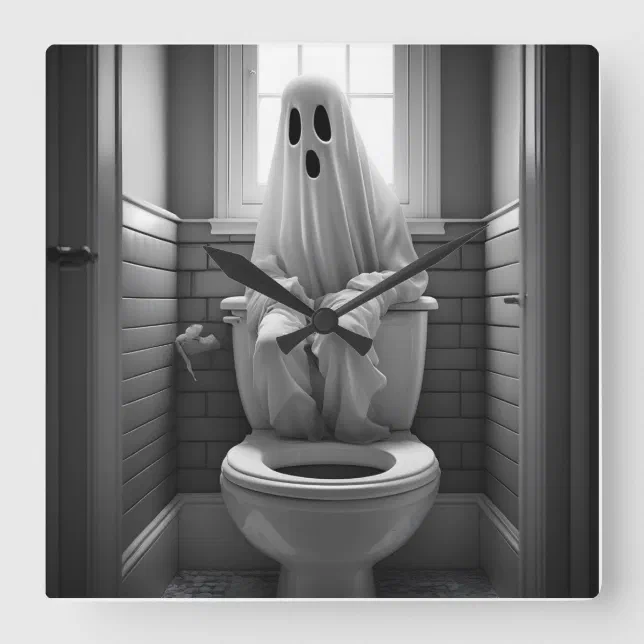 Funny ghost sitting in toilet square wall clock | Zazzle