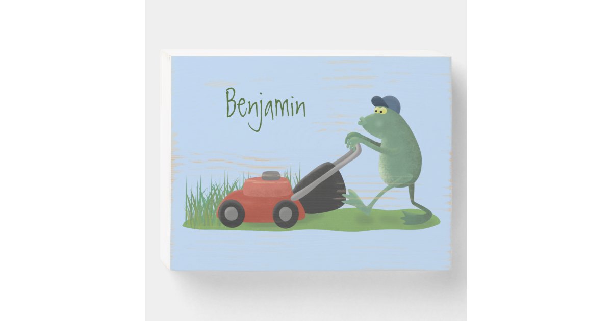 Funny green frog mowing lawn cartoon wooden box sign | Zazzle