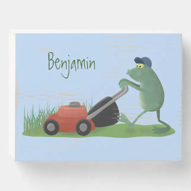 Funny green frog mowing lawn cartoon wooden box sign | Zazzle