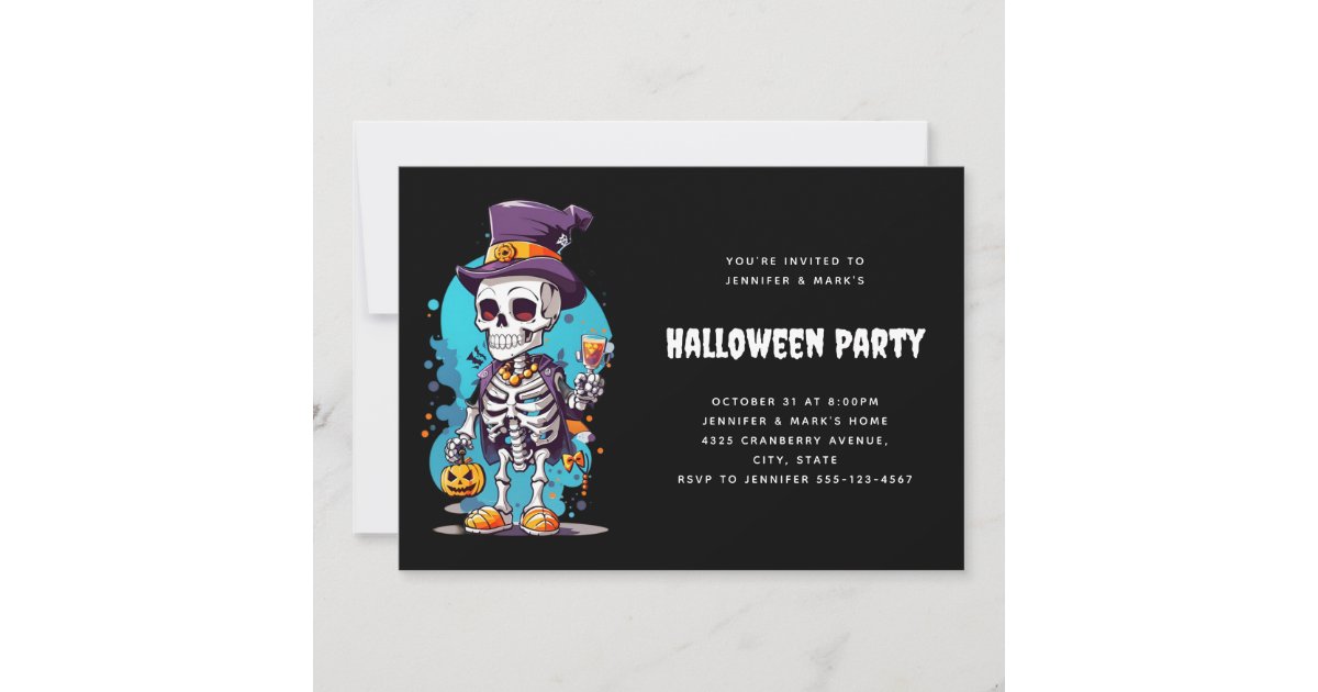 Funny Halloween Skeleton wearing Top Hat Invitation | Zazzle