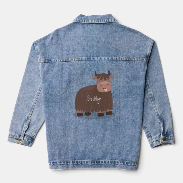 Funny happy yak eating grass cartoon illustration denim jacket | Zazzle