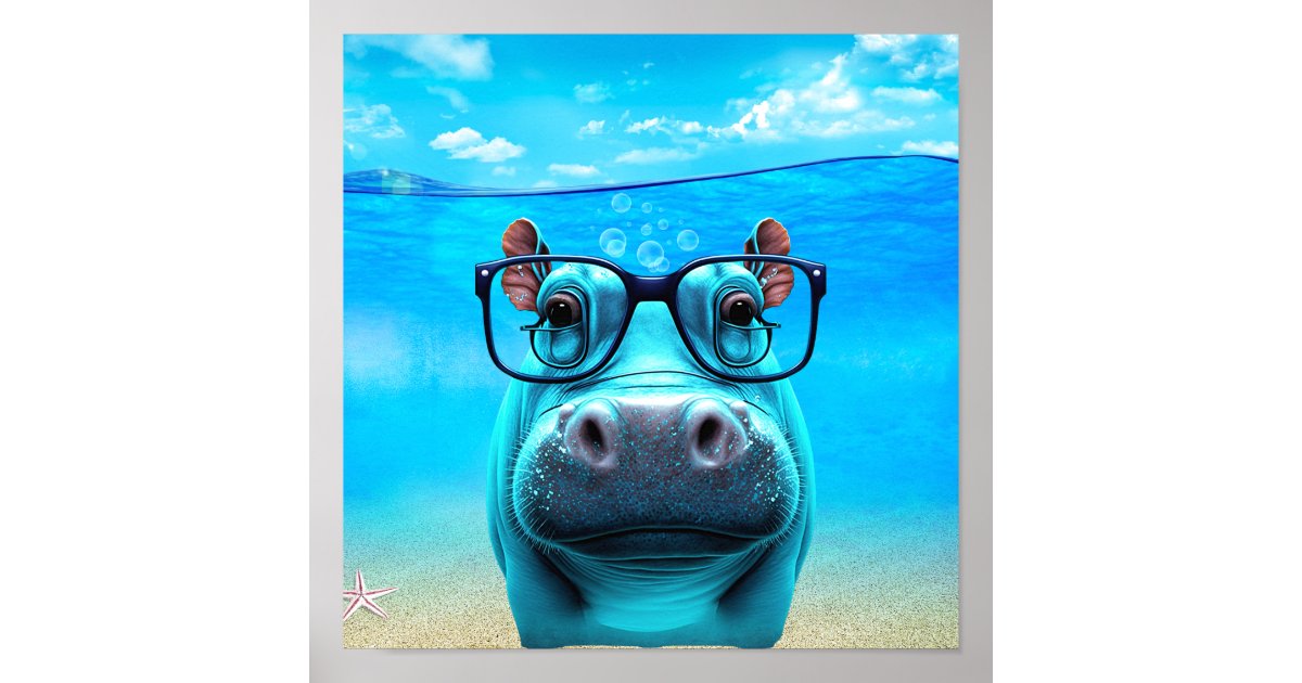 Funny Hippo with Glasses Hippopotamus Zoo Animal Poster | Zazzle