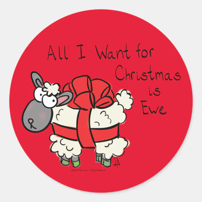 Funny Holiday Cute Sheep Christmas Cartoon Classic Round Sticker | Zazzle