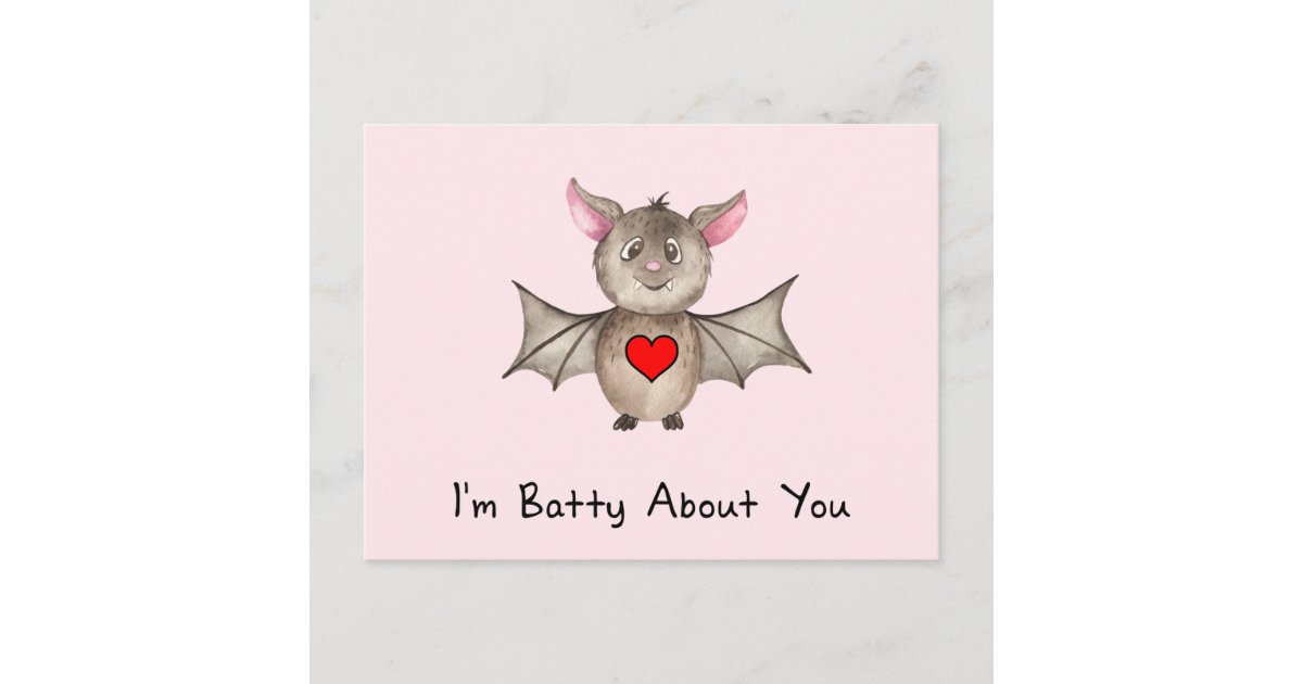 Funny I'm Batty About You Valentine Watercolor Bat Postcard | Zazzle