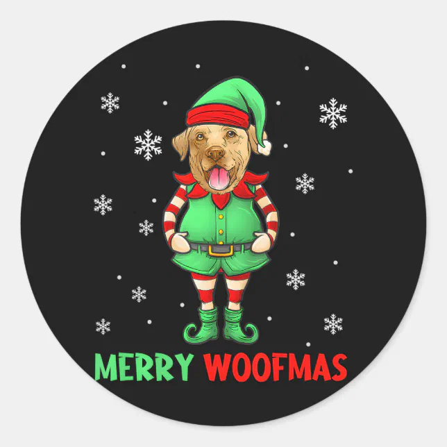 Funny Labrador Retriever Elf Merry Woof Mas Classic Round Sticker | Zazzle