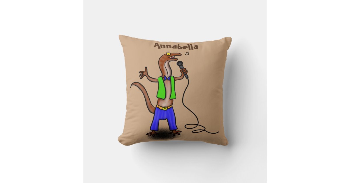 Funny lizard singing with microphone cartoon cushion | Zazzle