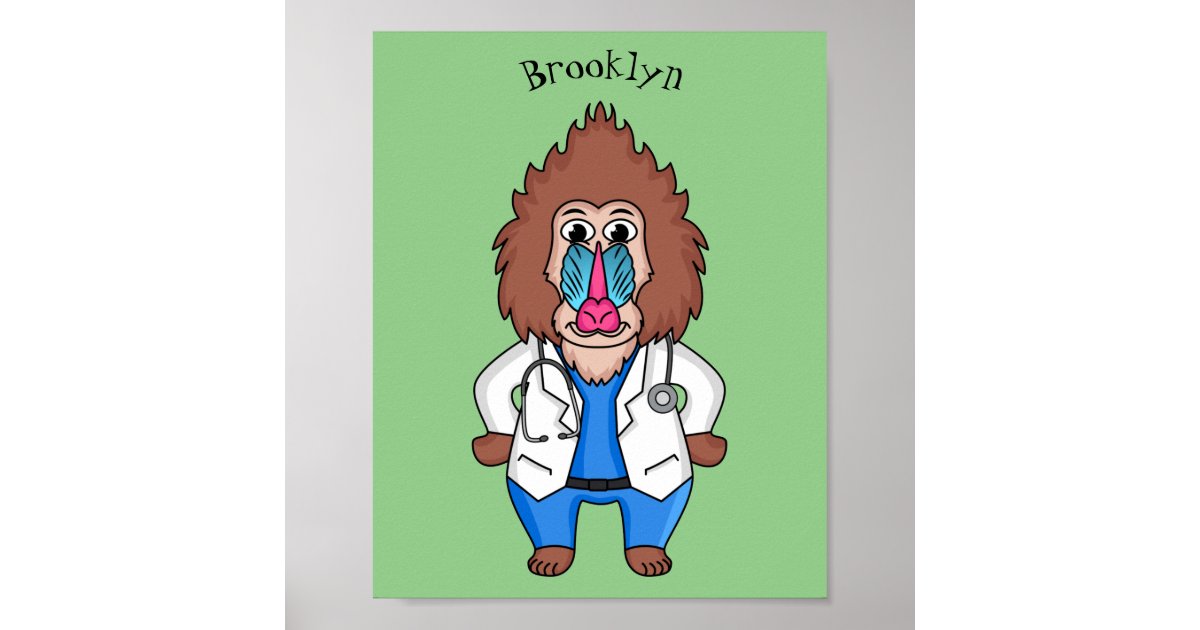 Funny mandrill doctor cartoon illustration poster | Zazzle