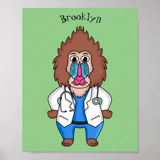 Funny mandrill doctor cartoon illustration poster | Zazzle