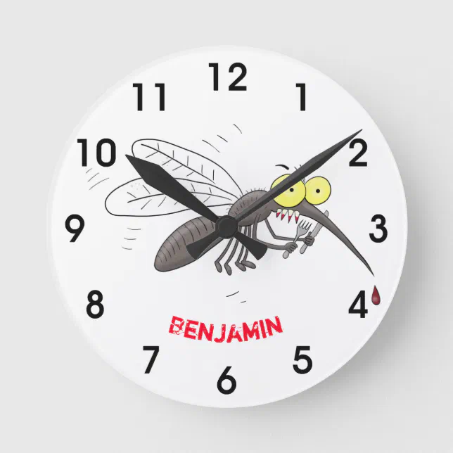 Funny mosquito insect cartoon illustration round clock | Zazzle
