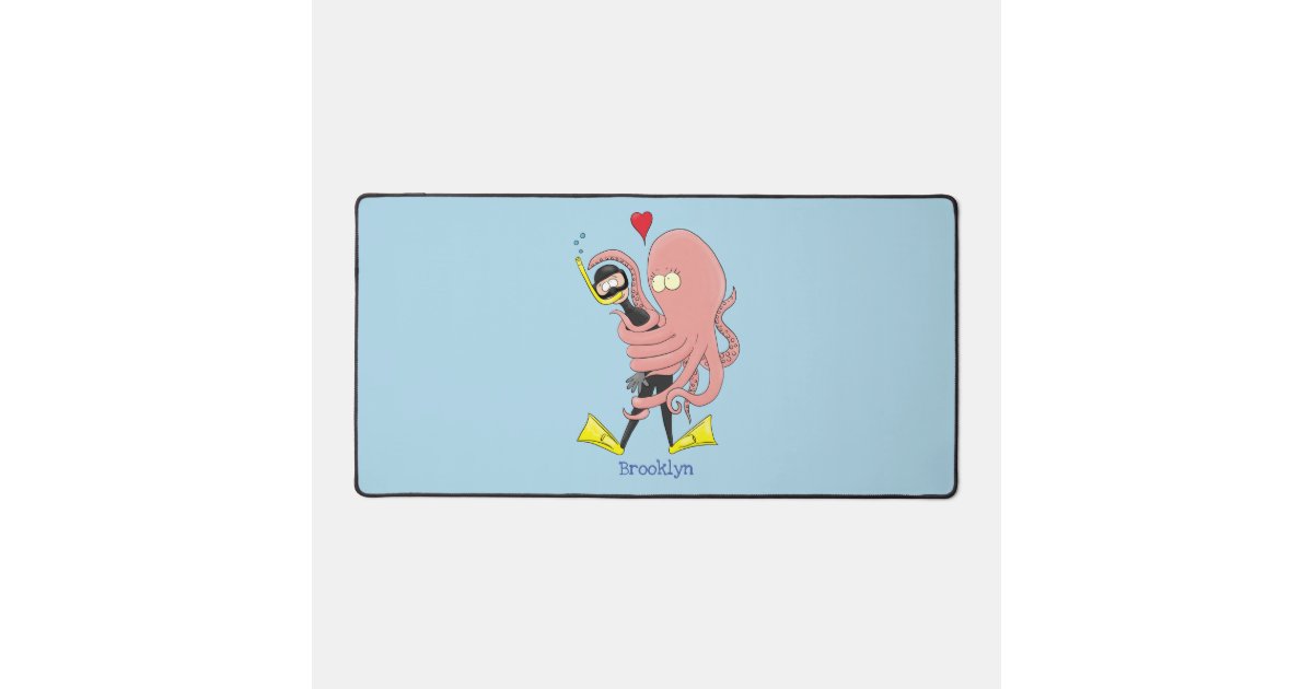 Funny octopus hugs diver cartoon humour desk mat | Zazzle