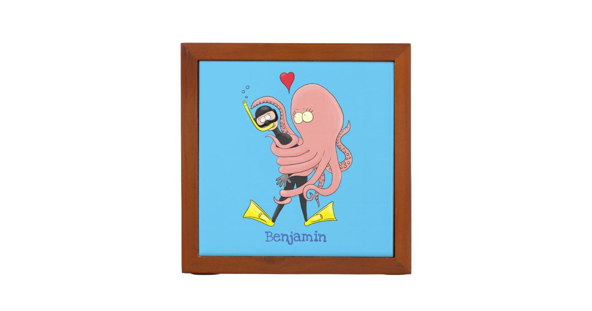Funny octopus hugs diver cartoon humour desk organiser | Zazzle